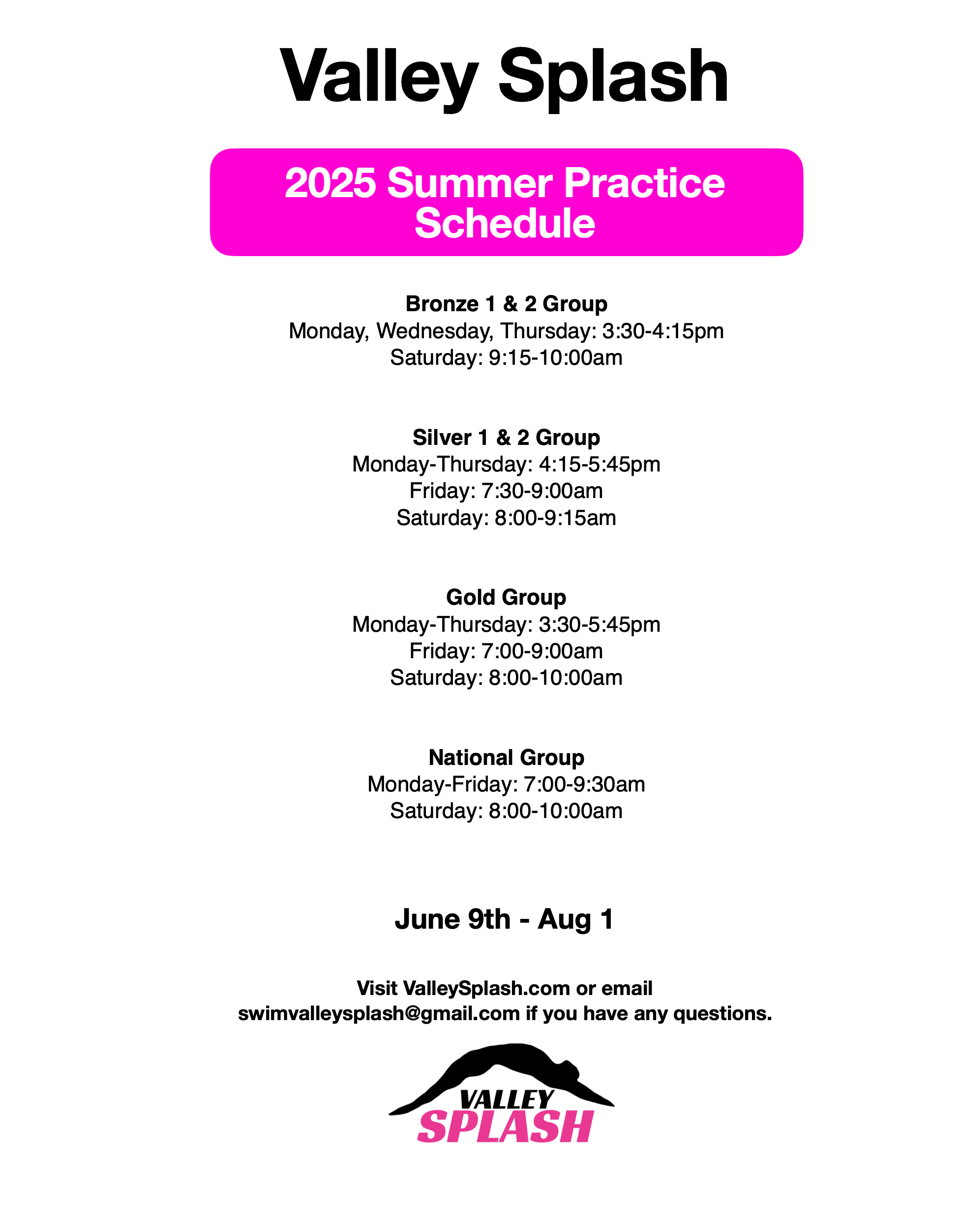 Valley Splash - Practice Times